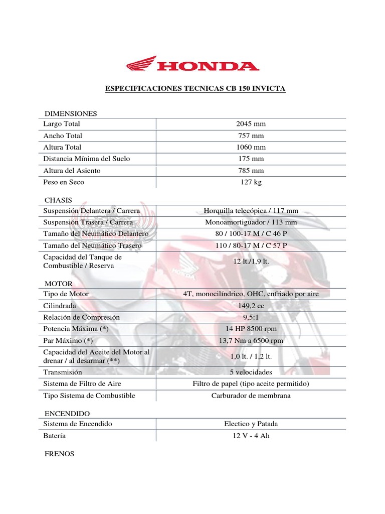 Especificaciones Tecnicas CB 150 Invicta | PDF