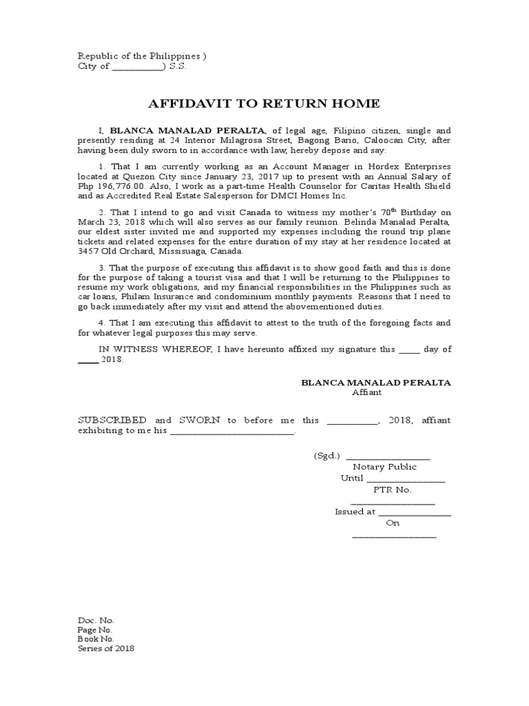 Affidavit To Return Home | PDF | Identity Document | Affidavit