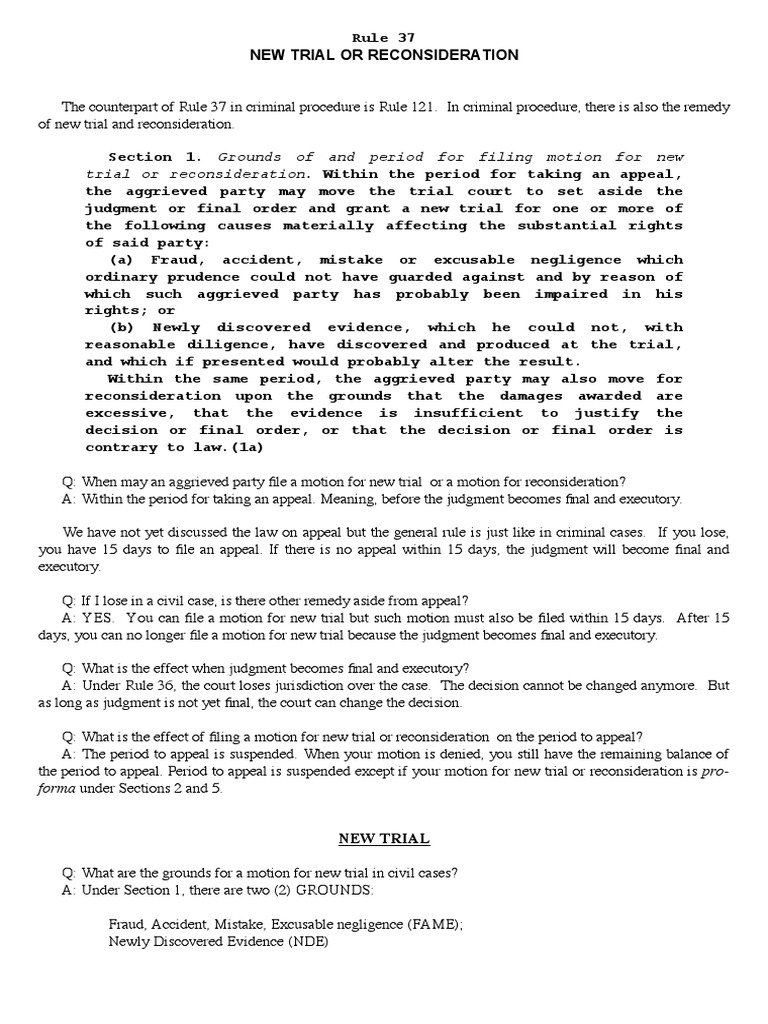 Rule 37 - New Trial or Reconsideration | PDF | Standard Of Review ...