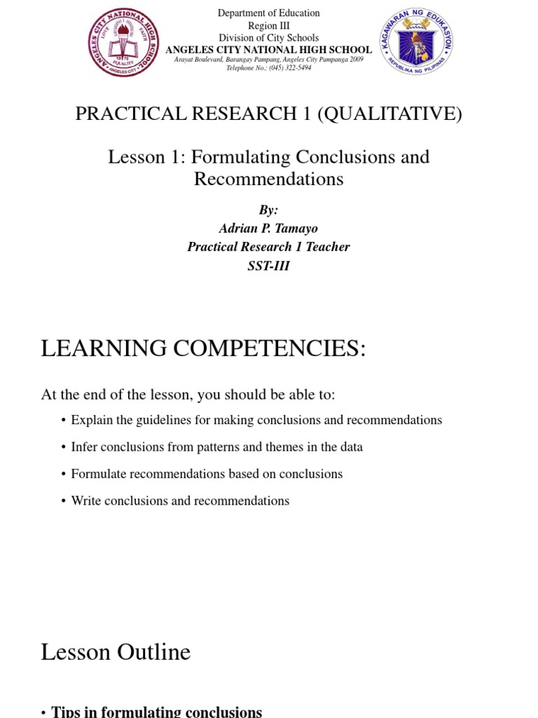 Practical Research 1 (Qualitative) Lesson 1 Formulating Conclusions and ...