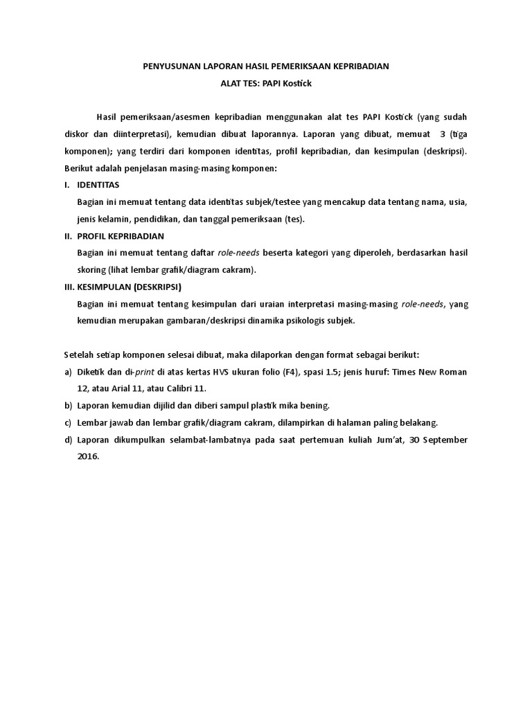 Format Laporan PAPI Kostick | PDF