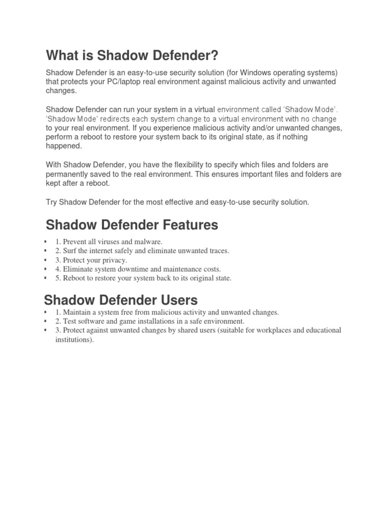 Understanding Shadow Defender Features | PDF
