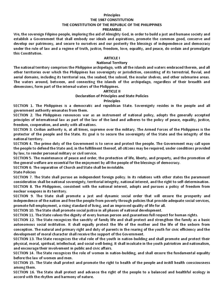 Principles The 1987 Constitution The Constitution of The Republic of The Philippines Preamble ...
