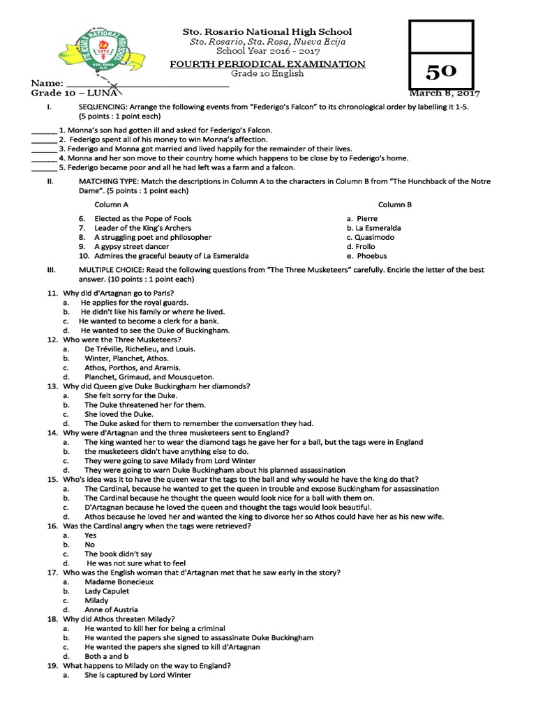 Grade 10 English Fourth Exam 2017 | PDF | French Novels