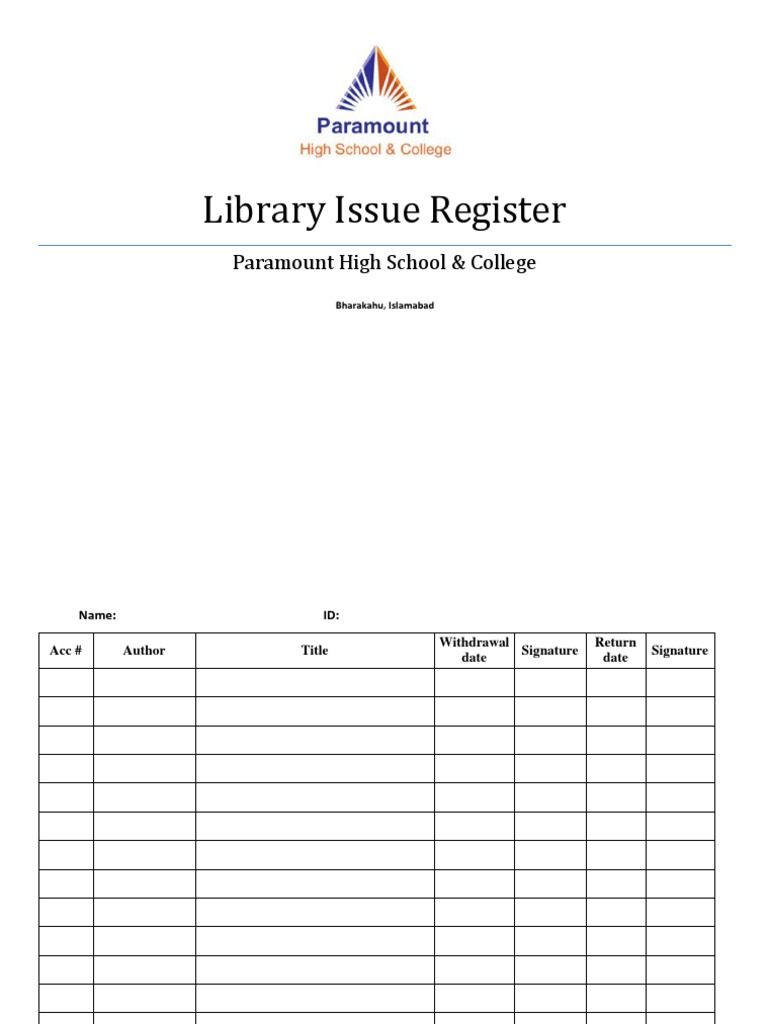 Library Issue Register: Paramount High School & College | PDF