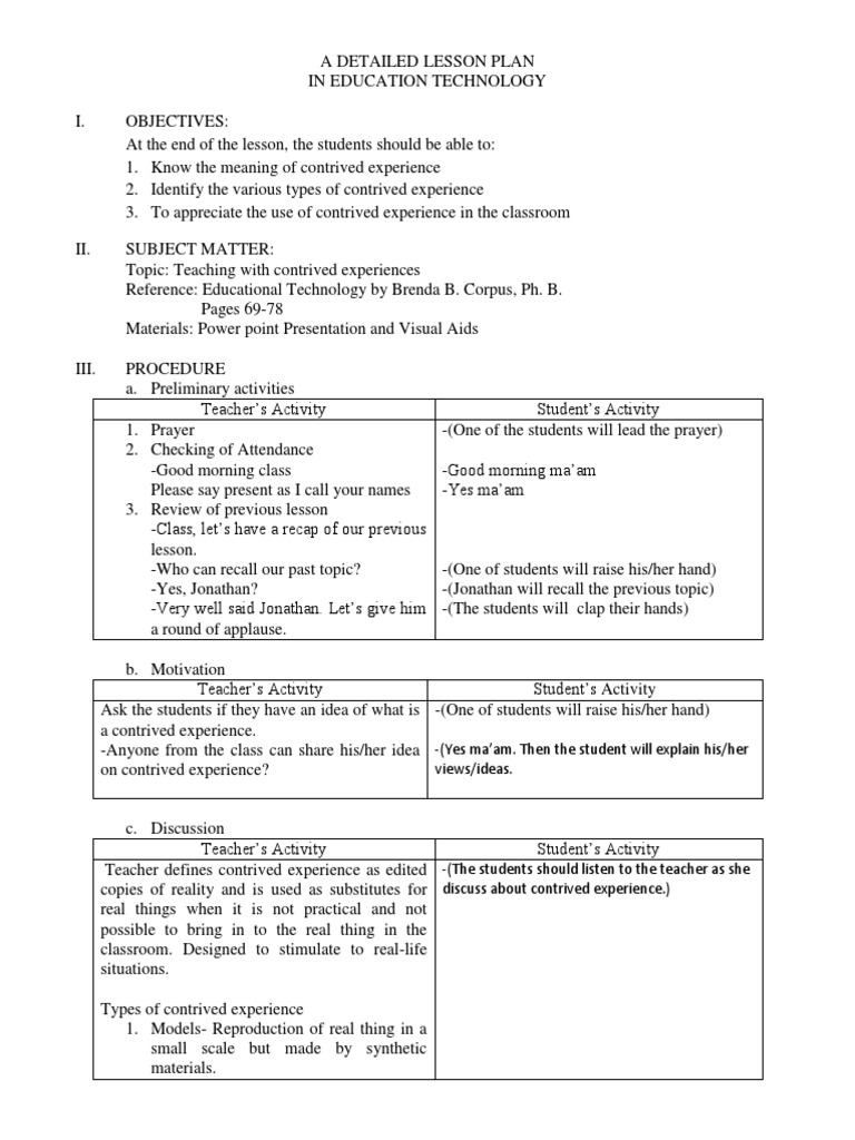 A Detailed Lesson Plan Education Technology Pdf Educational
