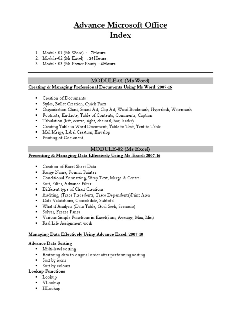 Advance Microsoft Office - Course Curriculum | PDF | Microsoft Excel ... Advance Microsoft Office - Course Curriculum | PDF | Microsoft Excel ...