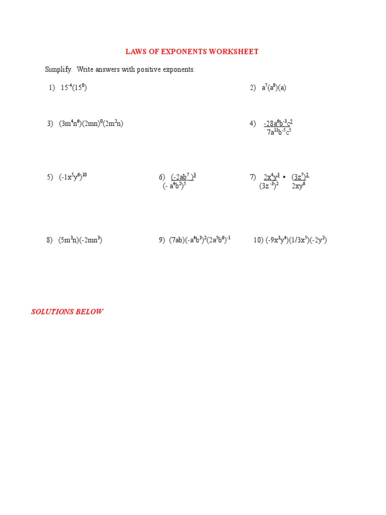 Laws of Exponents Worksheet with Answers | PDF