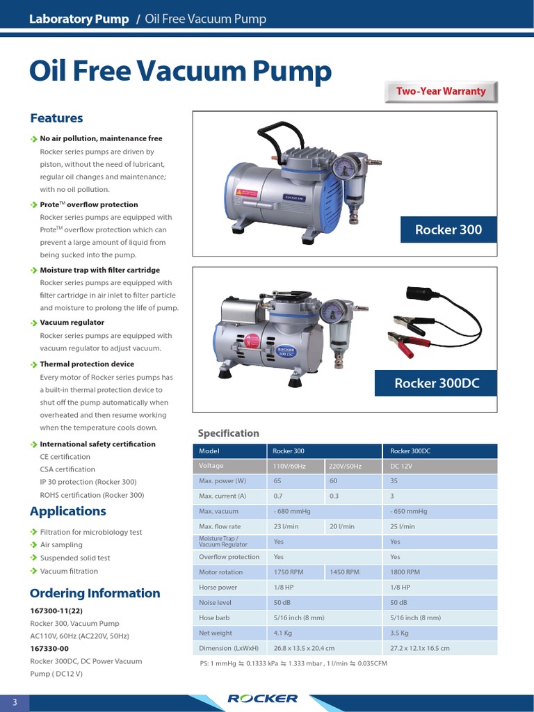 Rocker Scientific Oil Free Vacuum Pump Rocker 300 - P3 | PDF | Motor ...