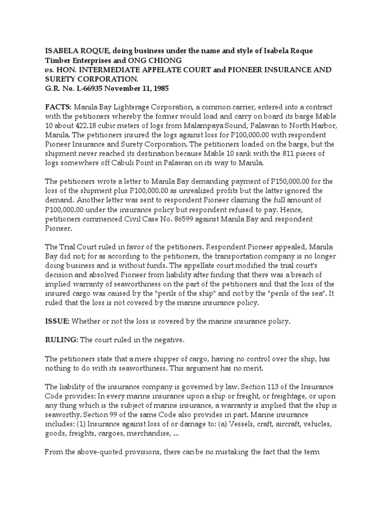 Case Digest (Marine Insurance) - Isabela Roque v. IAC and Pioneer ...