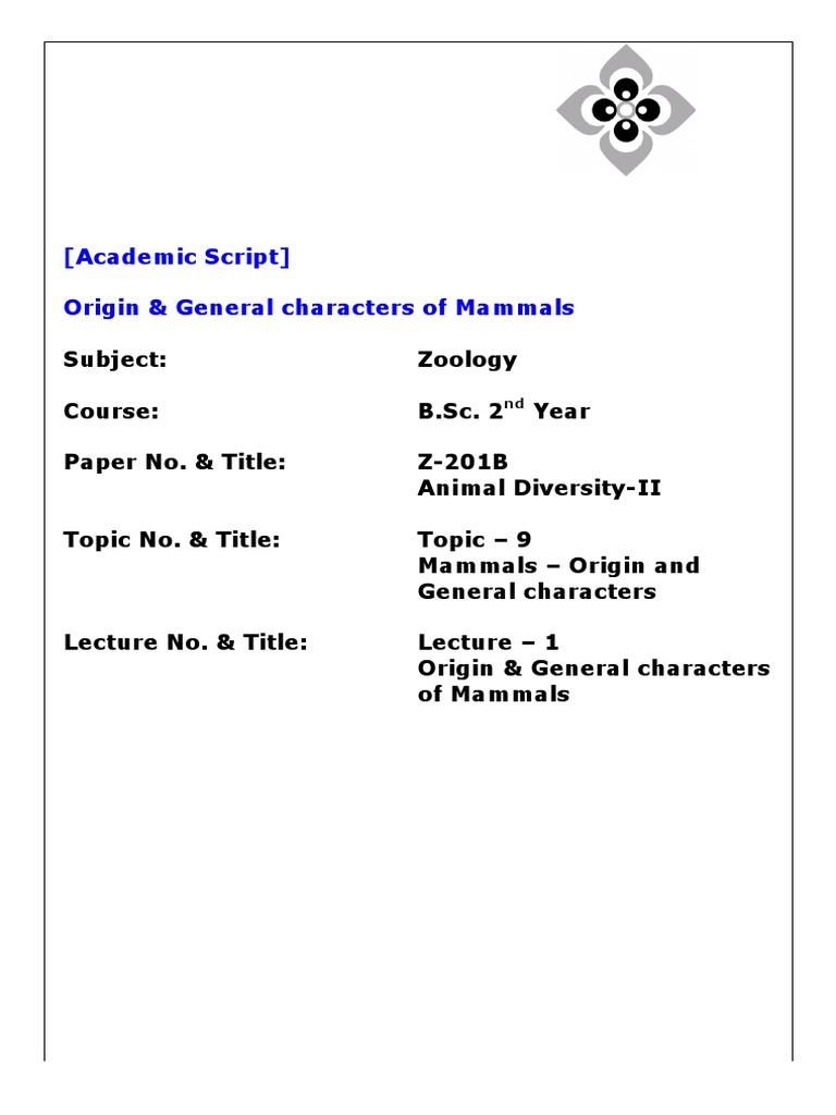 (Academic Script) Origin & General Characters of Mammals | PDF ...