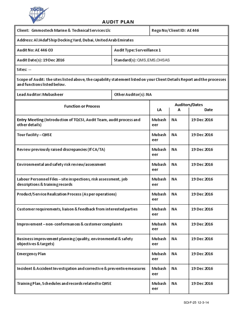 TQCSI-Audit-Plan-IMS-Gmmostech Marine & Technical Services LLC | PDF ...