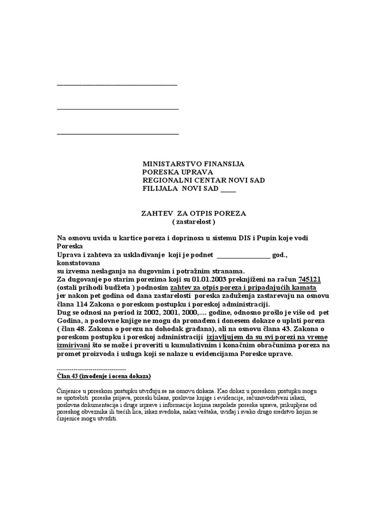 Zahtev Za Otpis Poreza PDF | PDF