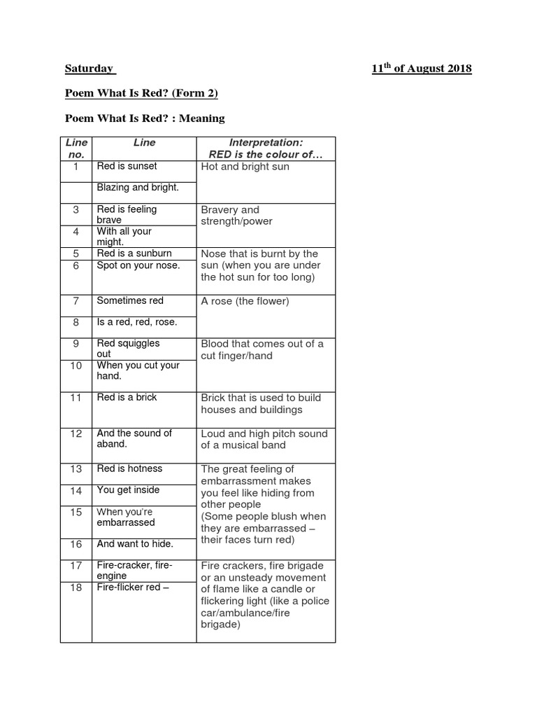 Saturday 11 of August 2018 Poem What Is Red? (Form 2) Poem What Is Red ...