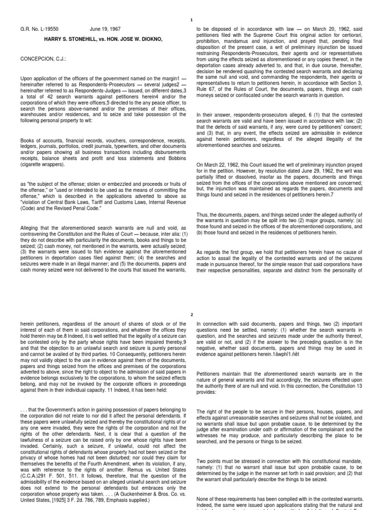 Harry S. Stonehill, vs. Hon. Jose W. Diokno | PDF | Search And Seizure ...