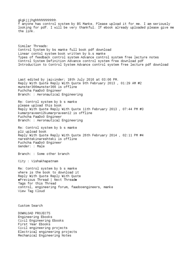 Linear Control Systems - B. S. Manke | PDF | Control System | Engineering