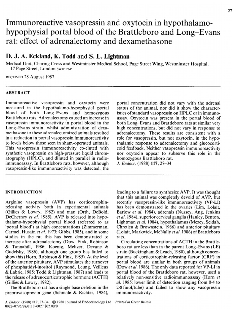 Analysis of Vasopressin and Oxytocin Levels in the Portal Blood of ...