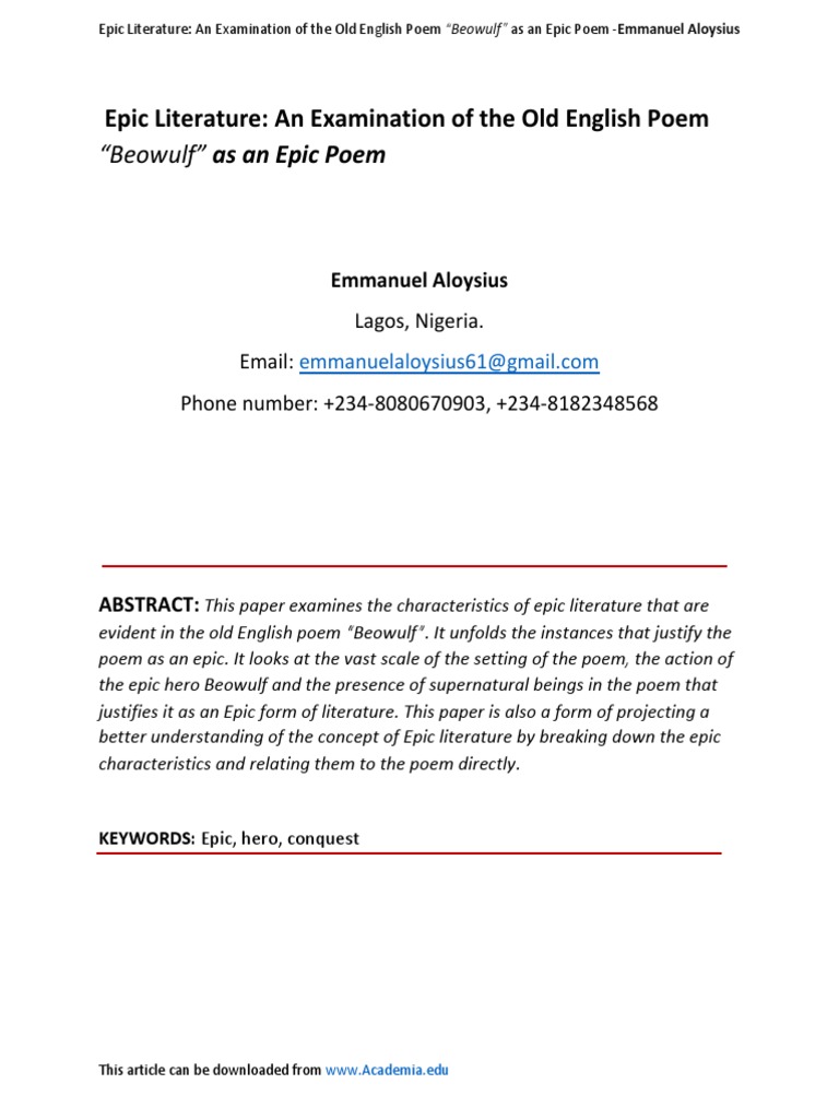 Epic Literature: An Examination of The Old English Poem "Beowulf" As An ...