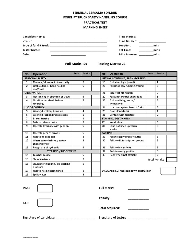 Forklift Operator Assessment | PDF | Forklift | Brake