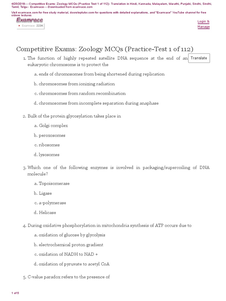 Zoology MCQs Practice Test 1 PDF | PDF | Biosynthesis | Gene Zoology MCQs Practice Test 1 PDF | PDF | Biosynthesis | Gene