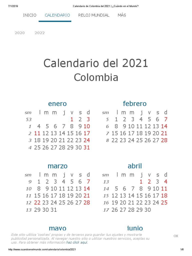 Calendario de Colombia Del 2021 - ¿Cuándo en El Mundo | PDF