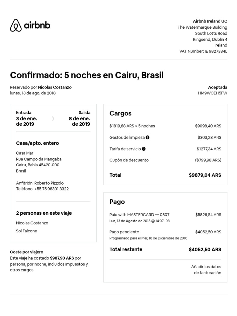 Recibo de Viaje de Airbnb, Código de Confirmación HM9WCEH5FW | PDF | Business