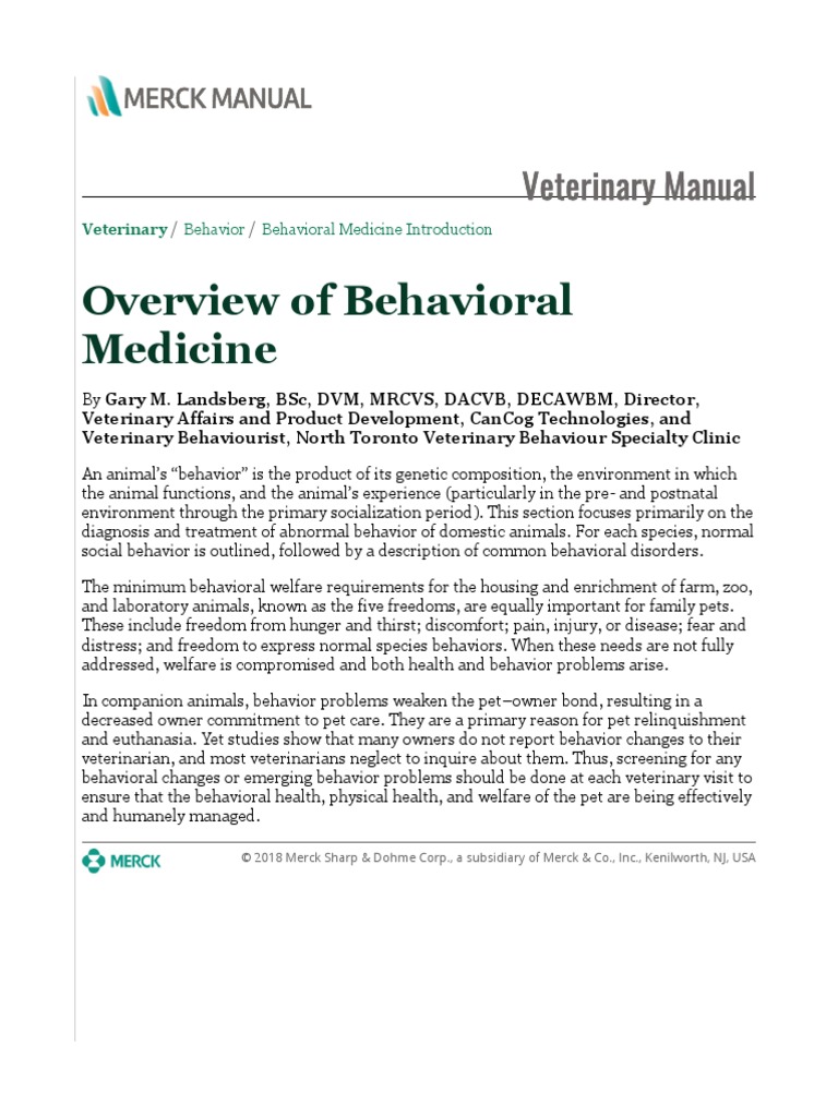 Overview of Behavioral Medicine: Veterinary Manual | PDF