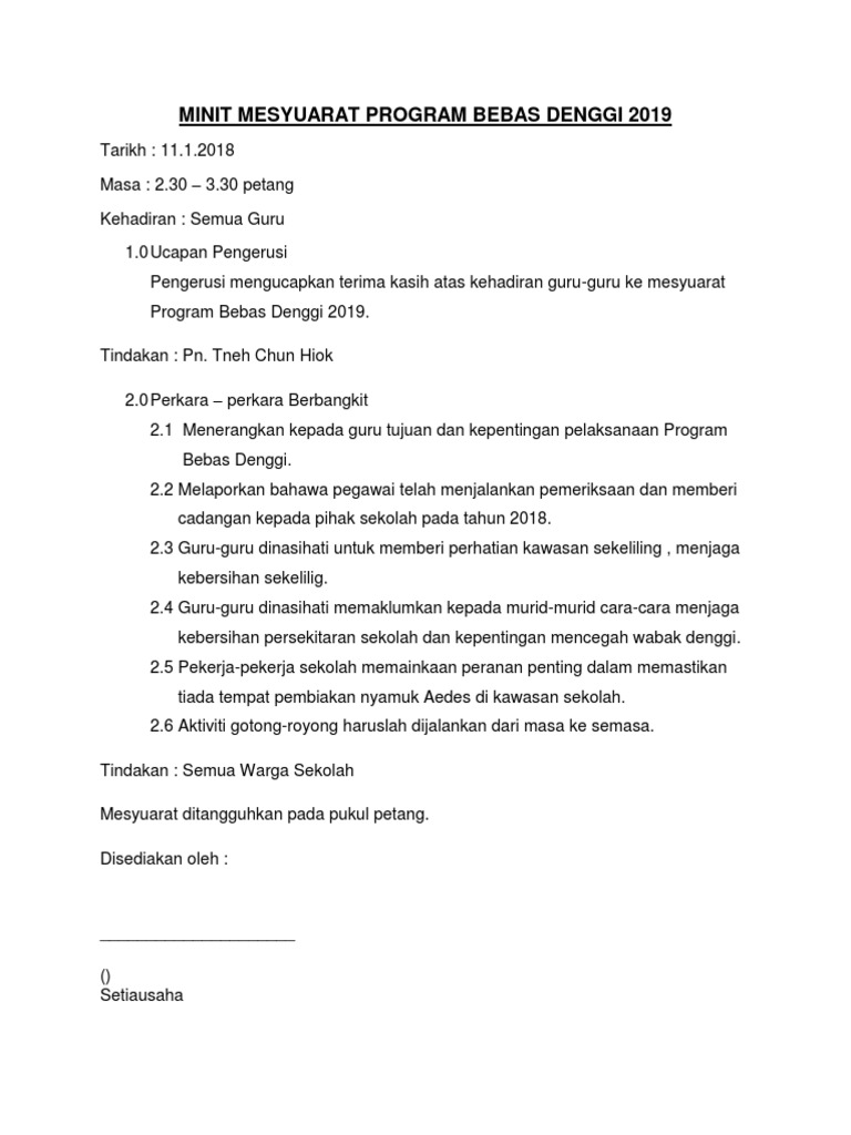 Minit Mesyuarat Program Bebas Denggi 2019 | PDF