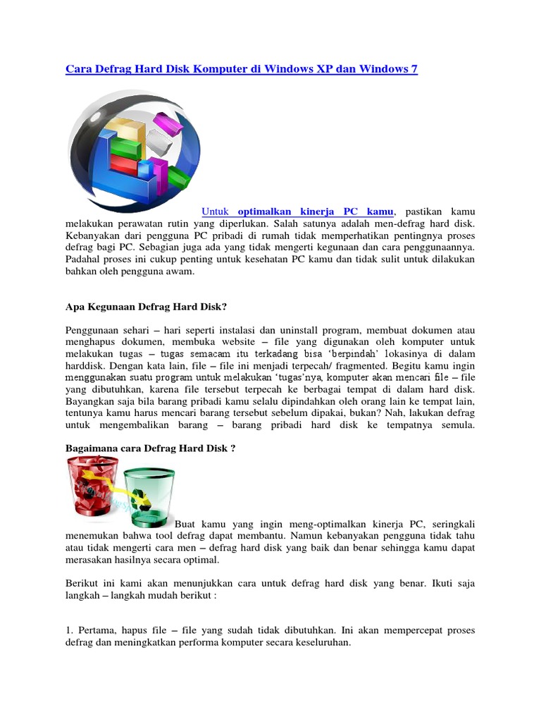 Cara Defrag Hard Disk Komputer Di Windows XP Dan Windows 7 | PDF