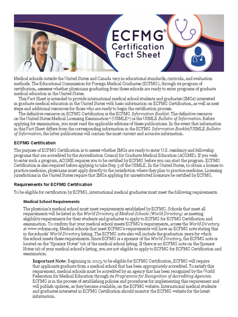 Ecfmg: Certification Fact Sheet | PDF | United States Medical Licensing ...