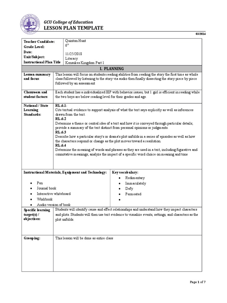 Lesson Plan Template: GCU College of Education | PDF | Pedagogy | Cognition
