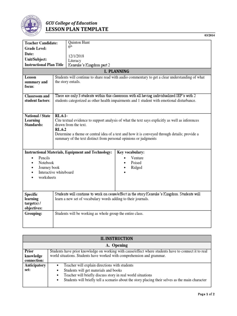 Lesson Plan Template: GCU College of Education | PDF | Reading ...
