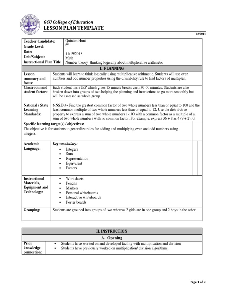 Lesson Plan Template: GCU College of Education | PDF | Integer ...