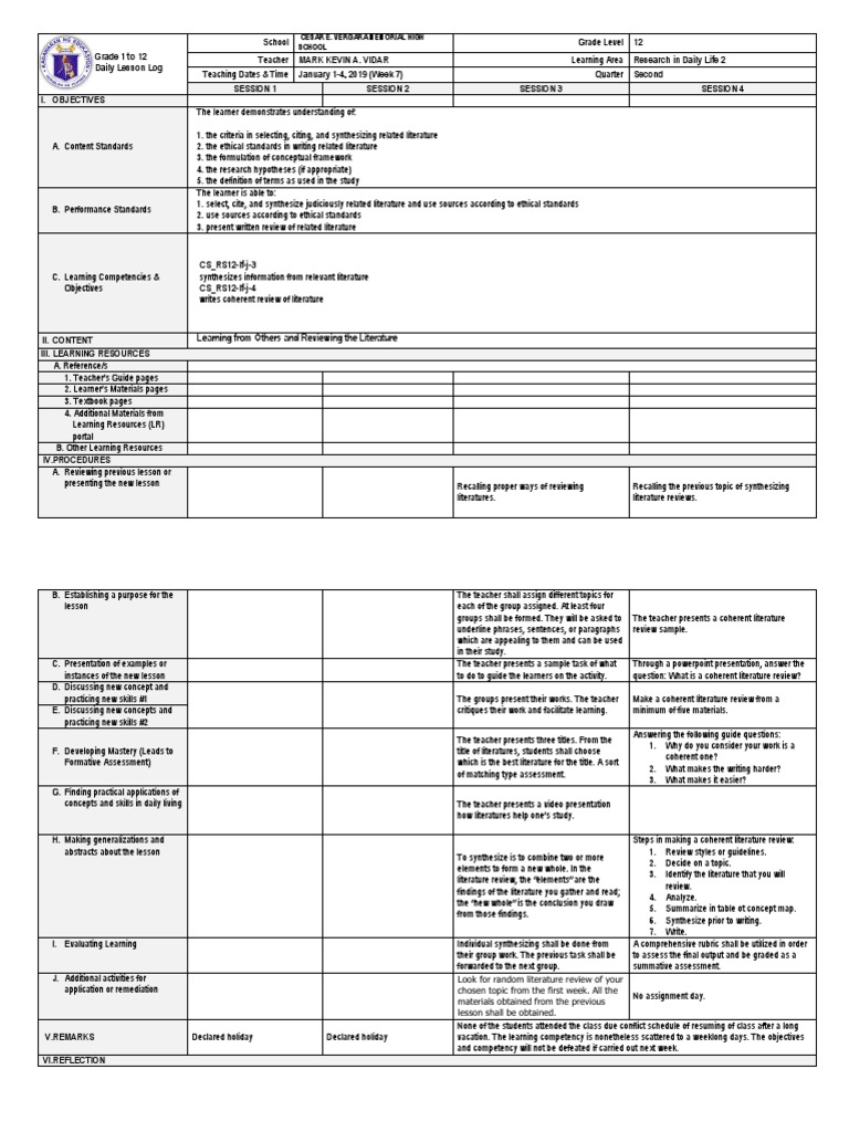 Grade 1 To 12 Daily Lesson Log Session 1 Session 2 Session 3 Session 4 I. Objectives | PDF ...