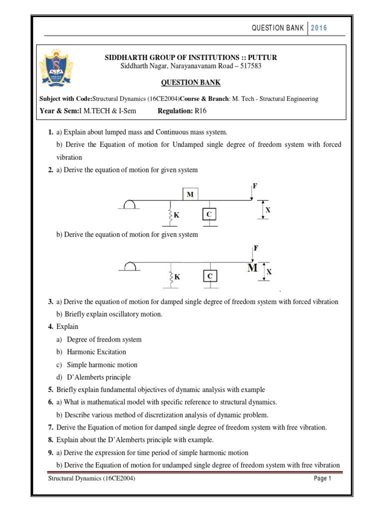 Question Bank - Structural Dynamics | PDF | Normal Mode | Classical Mechanics