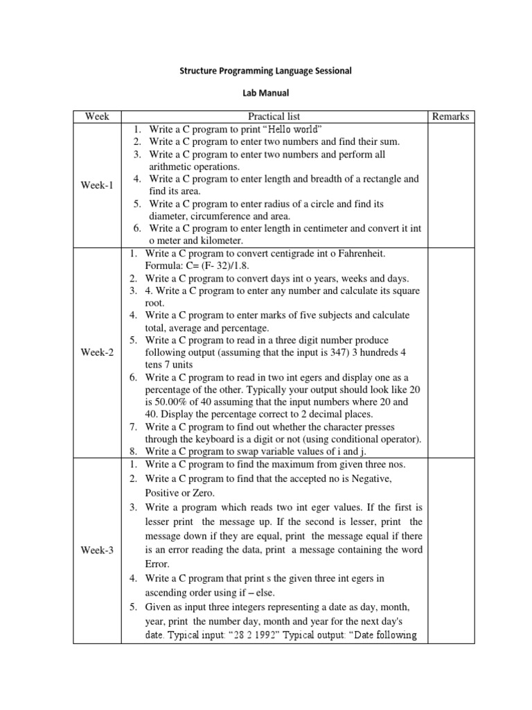 Structure Programming Language Sessional Lab Manual | PDF | Bit | Matrix (Mathematics)