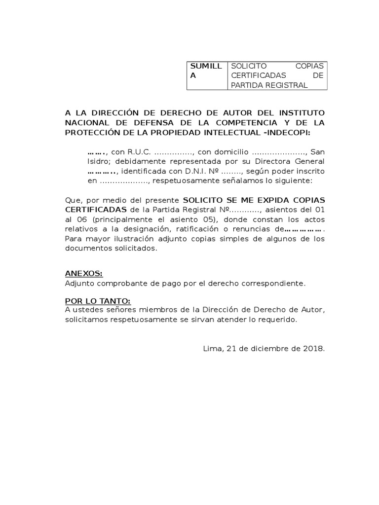 Solicitud De Copias Certificadas De Partida Registral Dda Indecopi