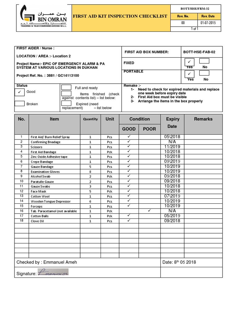 32 First Aid Kit Box Inspection Checklist | PDF | First Aid | Survival ...