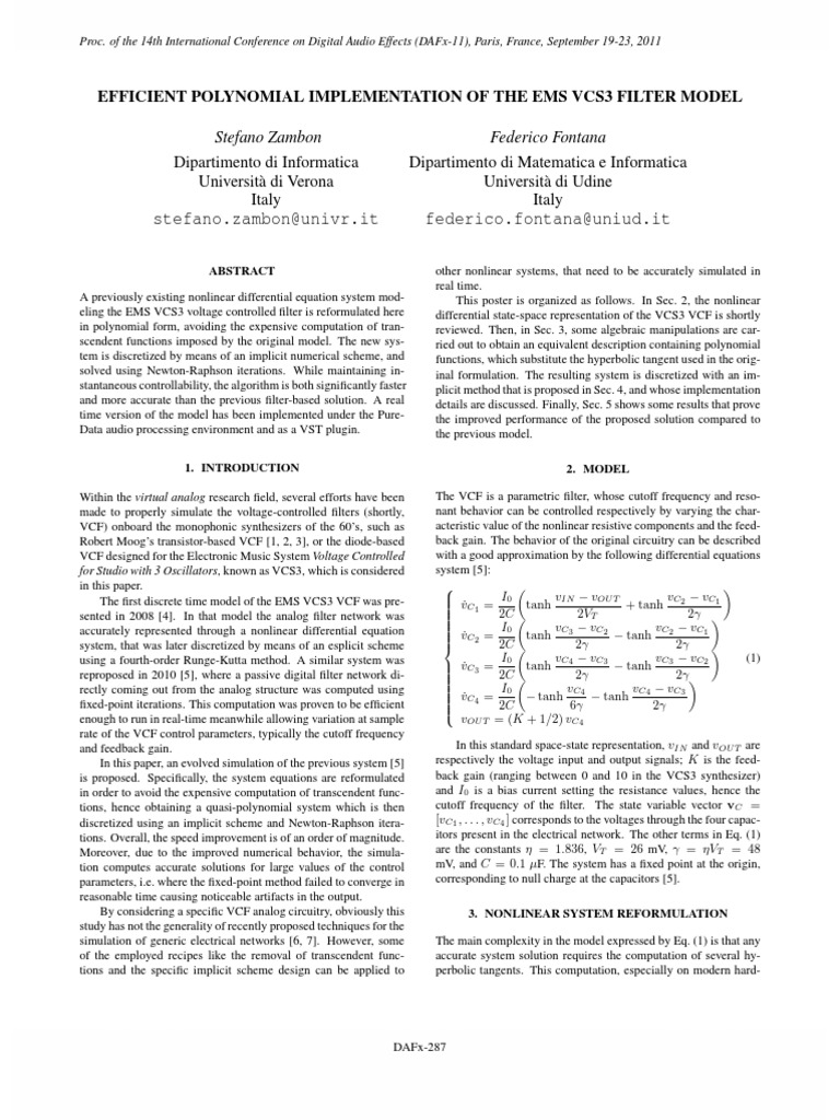 Efficient Polynomial Implementation of The Ems VCS3 Filter Model PDF | PDF | Nonlinear System ...