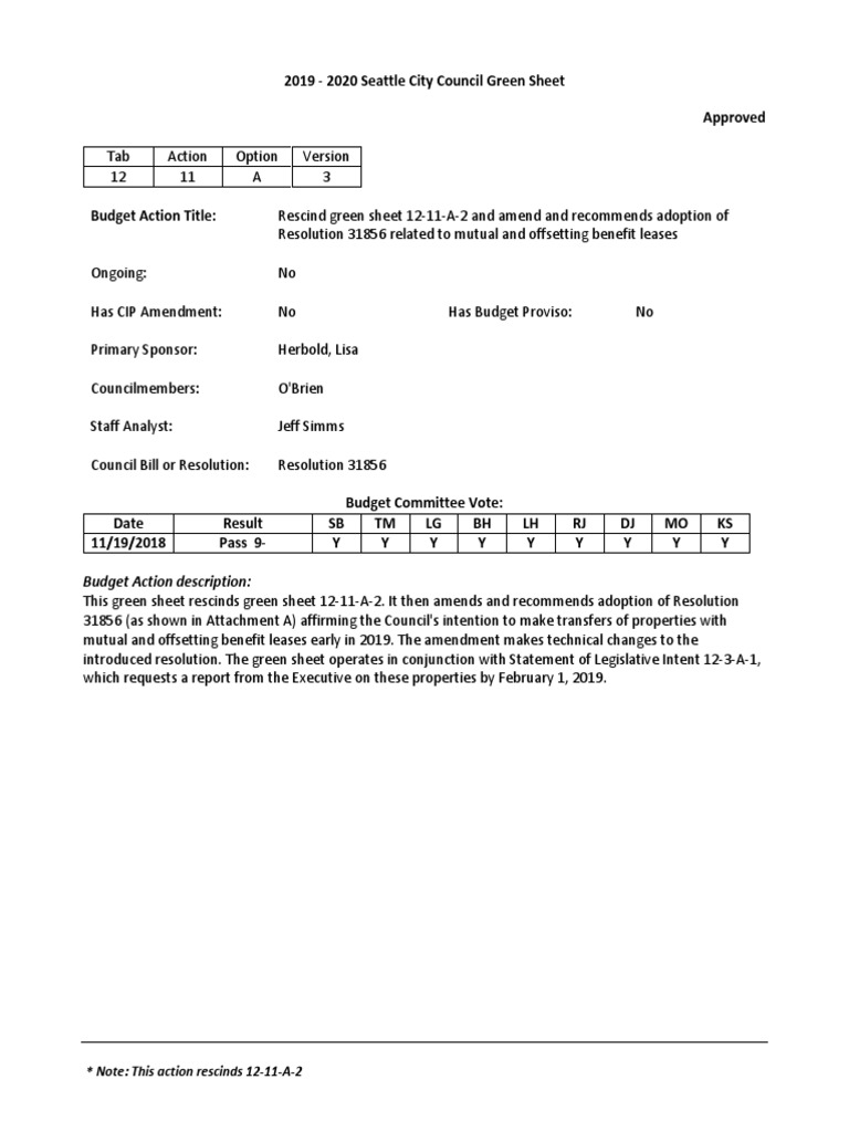 2019 - 2020 Seattle City Council Green Sheet Approved: Budget Action ...
