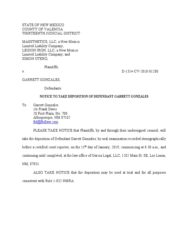 Notice To Take Deposition G. Gonzales | PDF