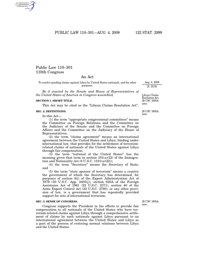Libyan Claims Resolution Act 2008 | Download Free PDF | United States ...