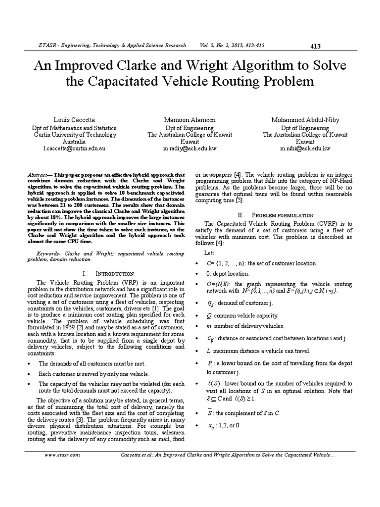 An Improved Clarke and Wright Algorithm To Solve The Capacitated Vehicle Routing Problem | PDF ...