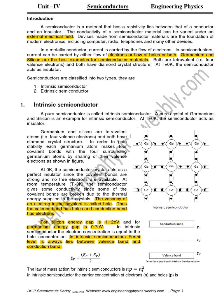 Unit IV Semiconductors PDF | PDF | Semiconductors | Doping (Semiconductor)