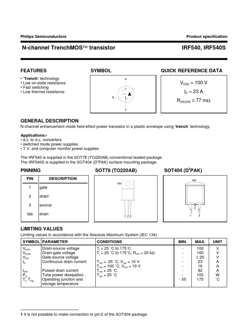 IRF540 | PDF | Field Effect Transistor | Transistor