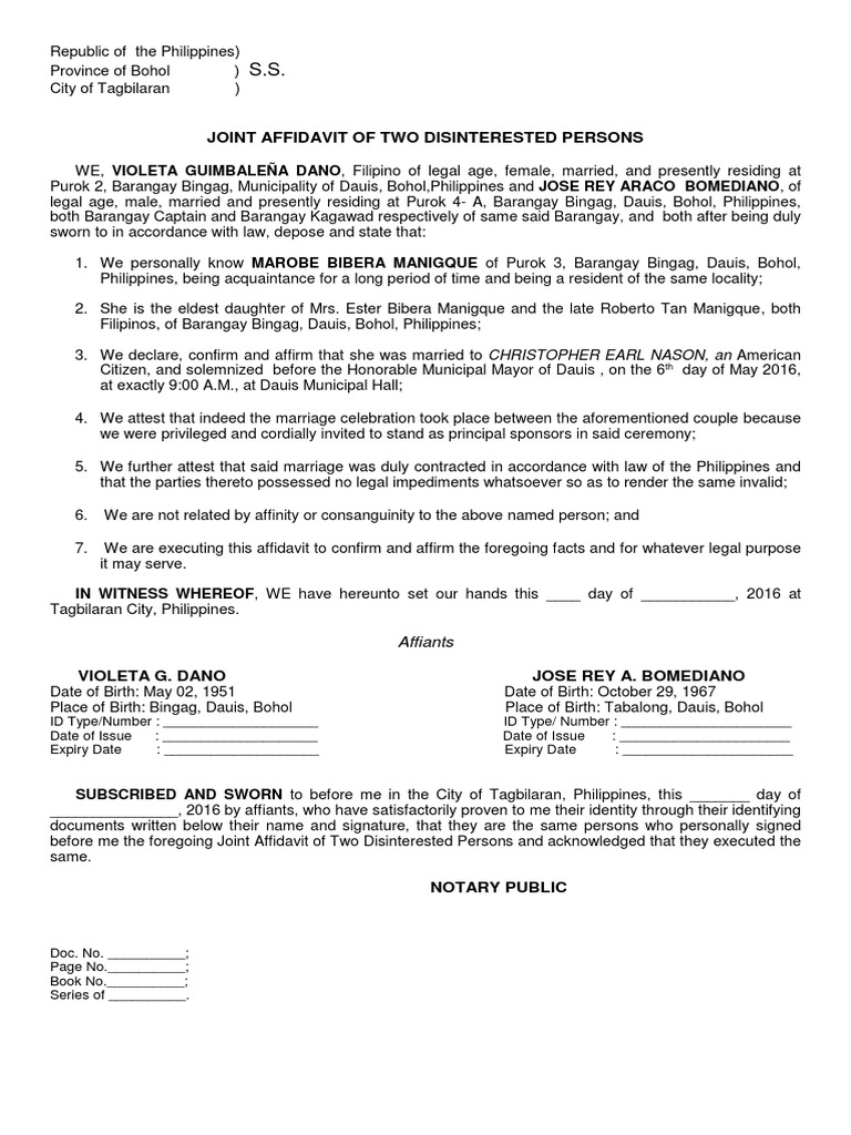 Joint Affidavit of Two Disinterested Persons | Download Free PDF ...