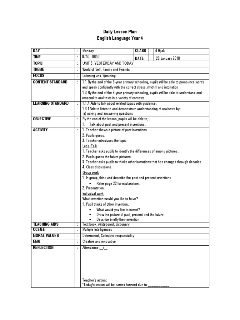 Daily Lesson Plan English Language Year 4 | PDF | Lesson Plan | Teachers