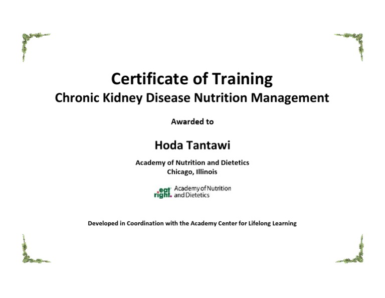 Certificate of Training: Chronic Kidney Disease Nutrition Management | PDF