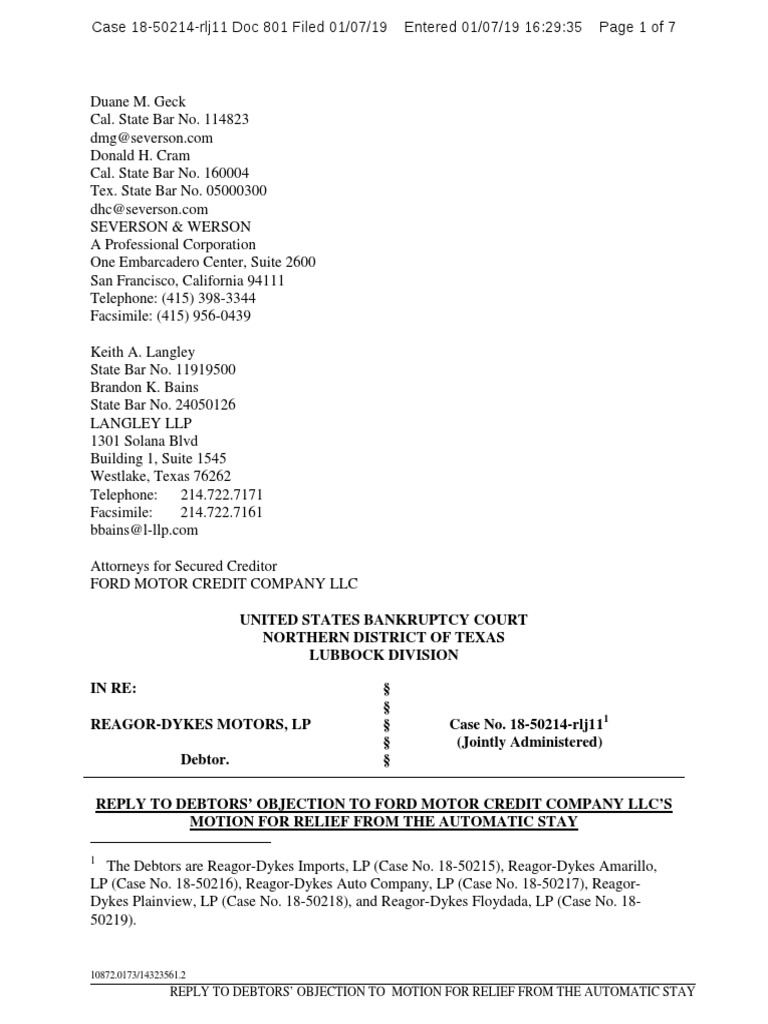 Reply To Debtors’ Objection To Motion For Relief From The Automatic ...