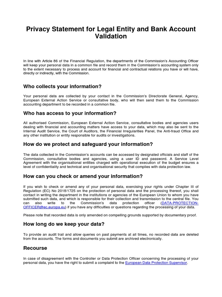Privacy Statement For Legal Entity and Bank Account Validation | PDF ...